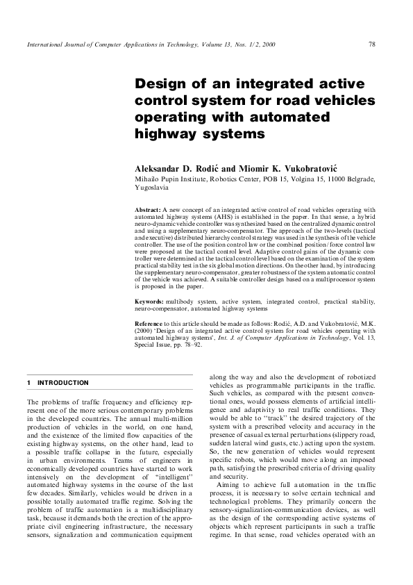 (PDF) Design of an integrated active control system for road vehicles operating with automated ...