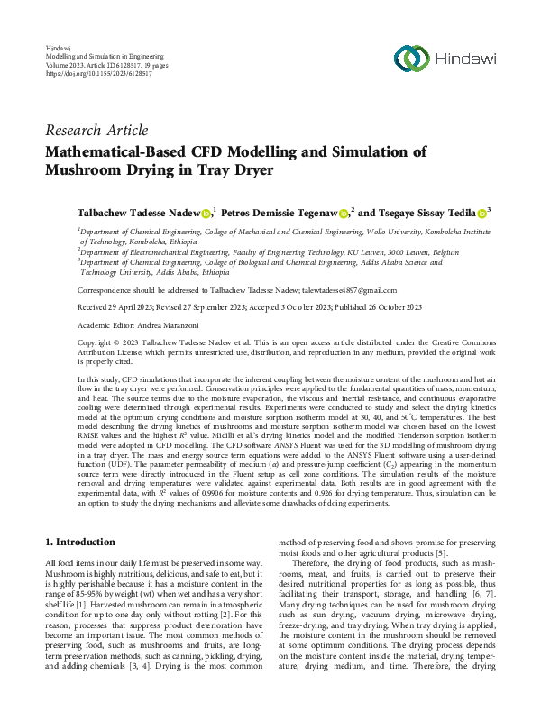 (PDF) Mathematical-Based CFD Modelling and Simulation of Mushroom Drying in Tray Dryer