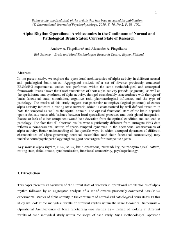 (PDF) Alpha rhythm operational architectonics in the continuum of ...