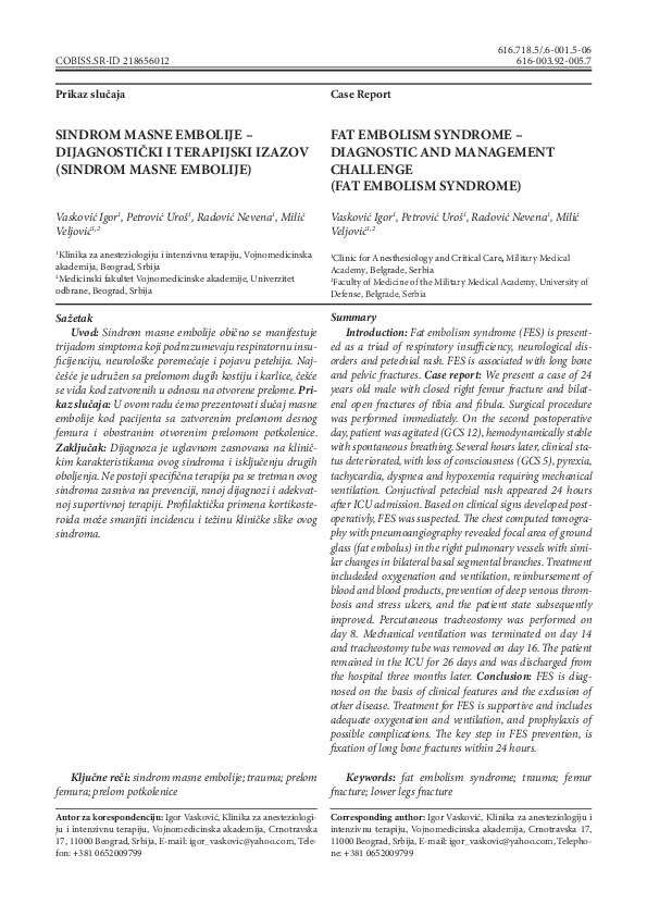(PDF) Fat embolism syndrome: Diagnostic and management challenge: Fat ...