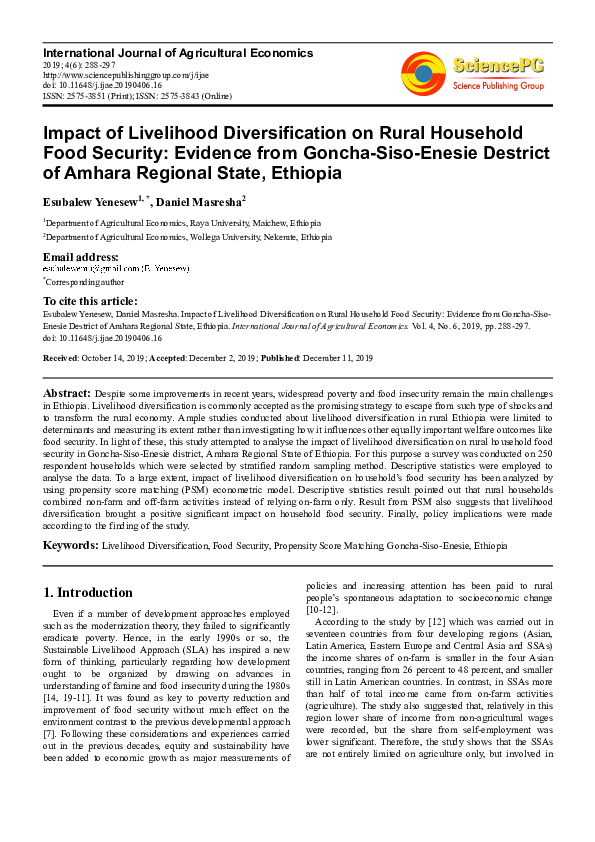 (PDF) Impact of Livelihood Diversification on Rural Household Food Security: Evidence from ...