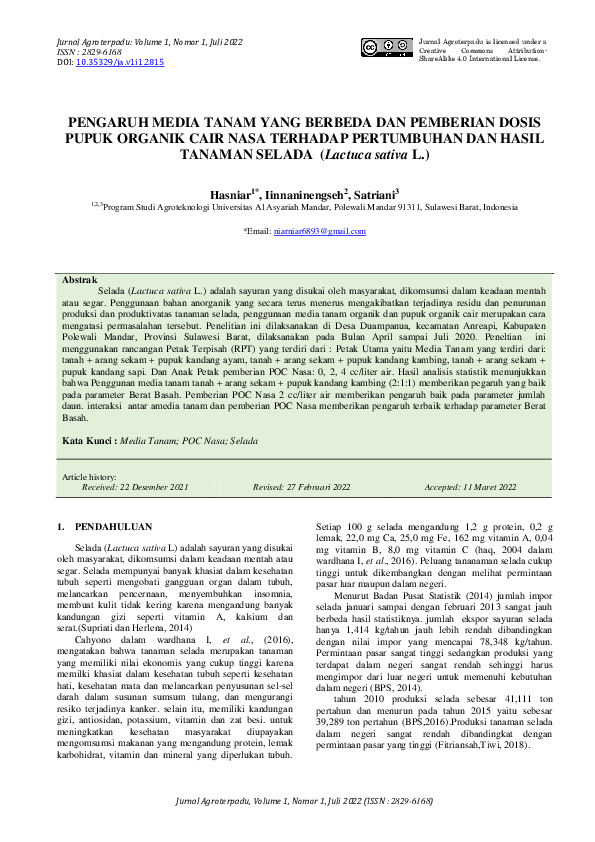 (PDF) PENGARUH MEDIA TANAM YANG BERBEDA DAN PEMBERIAN DOSIS PUPUK ORGANIK CAIR NASA TERHADAP ...