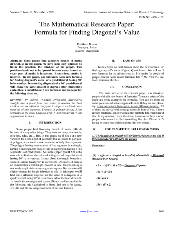 (PDF) The Mathematical Research Paper: Formula for Finding Diagonal