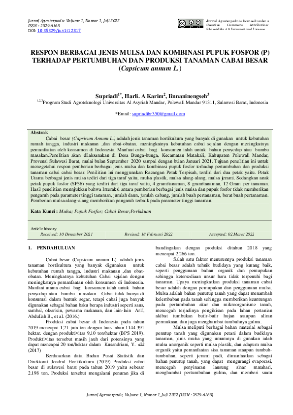 (PDF) RESPON BERBAGAI JENIS MULSA DAN KOMBINASI PUPUK FOSFOR (P) TERHADAP PERTUMBUHAN DAN ...