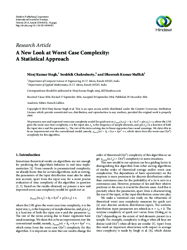 (PDF) A New Look at Worst Case Complexity: A Statistical Approach