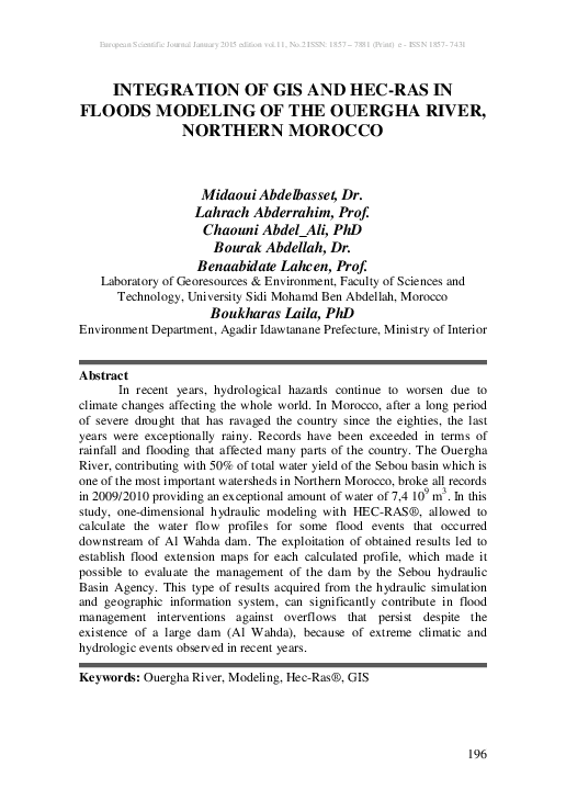 (PDF) Integration of Gis and Hec-Ras in Floods Modeling of the Ouergha ...