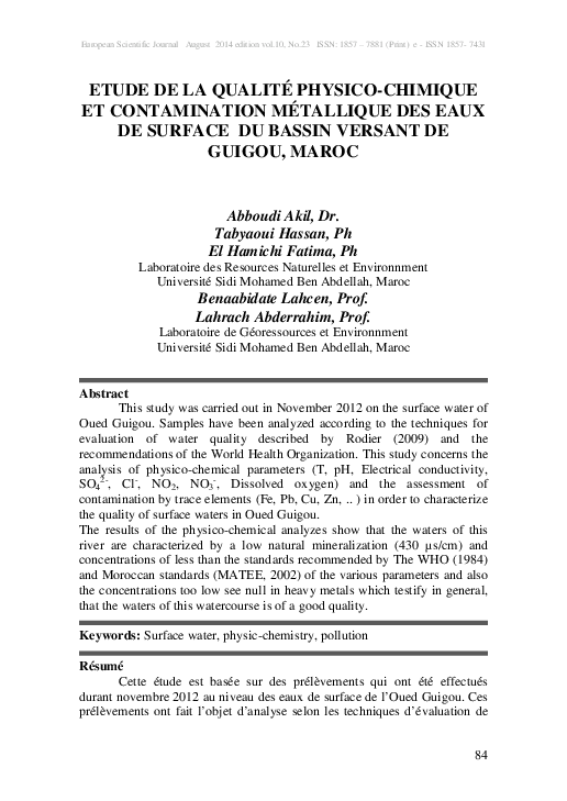 (PDF) Etude De La Qualité Physico-Chimique et Contamination Métallique ...
