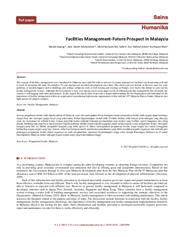 (PDF) Facilities Management-Future Prospect in Malaysia