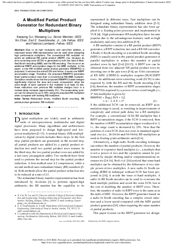 (PDF) A Modified Partial Product Generator for Redundant Binary Multipliers | Pinak chowdhury ...
