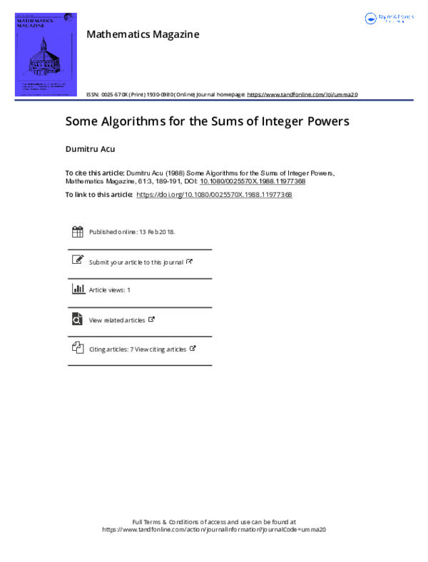 (PDF) Some Algorithms for the Sums of Integer Powers
