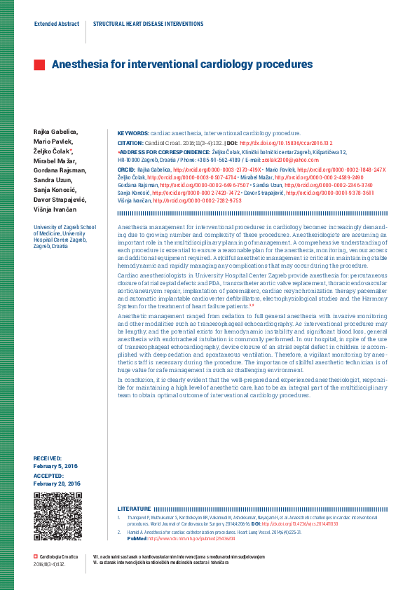 (PDF) Anesthesia for interventional cardiology procedures