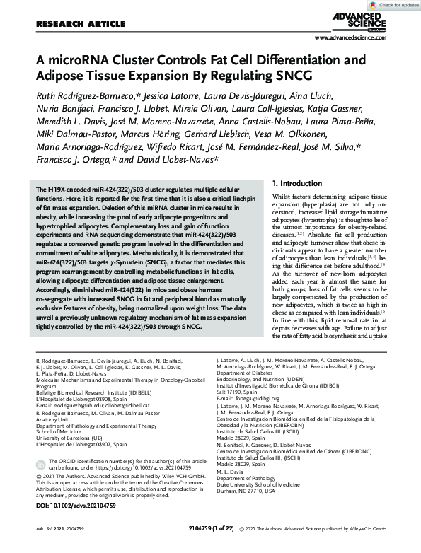 (PDF) A microRNA Cluster Controls Fat Cell Differentiation and Adipose ...
