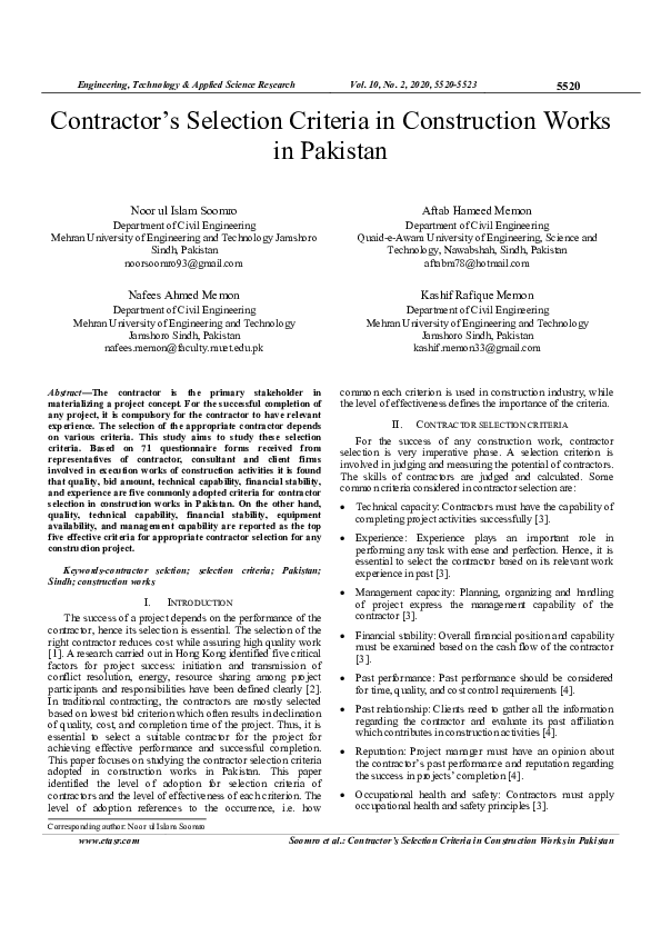 (PDF) Contractor’s Selection Criteria in Construction Works in Pakistan