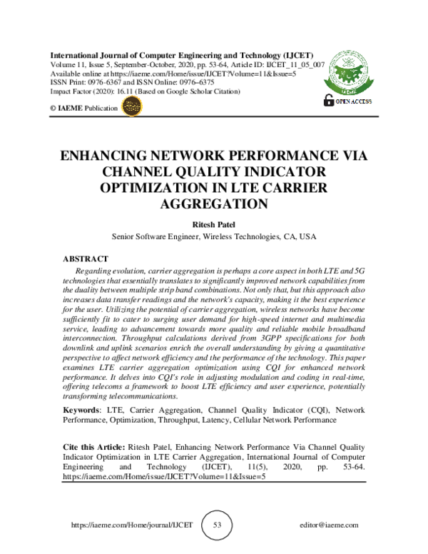 (PDF) ENHANCING NETWORK PERFORMANCE VIA CHANNEL QUALITY INDICATOR OPTIMIZATION IN LTE CARRIER ...