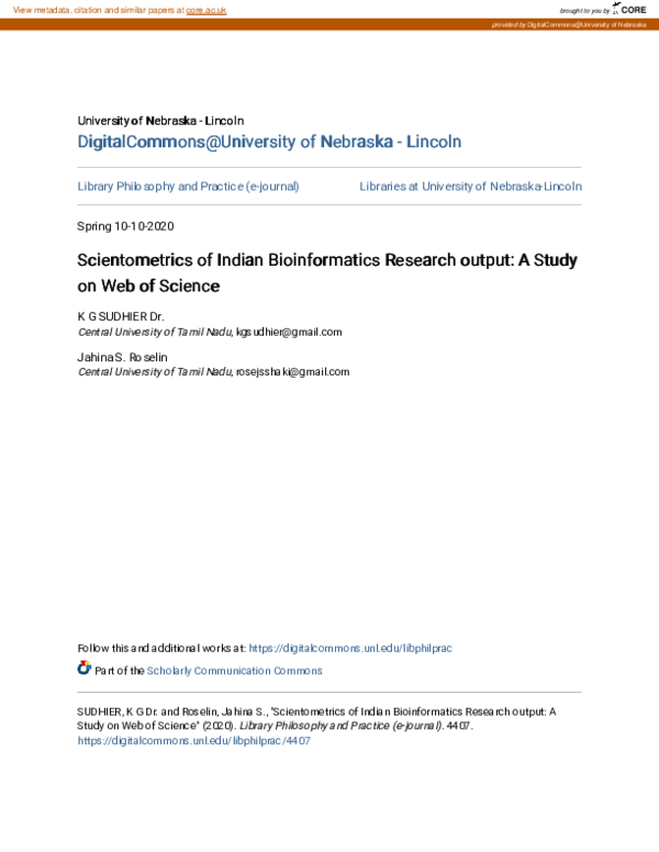 (PDF) Scientometrics of Indian Bioinformatics Research output: A Study ...