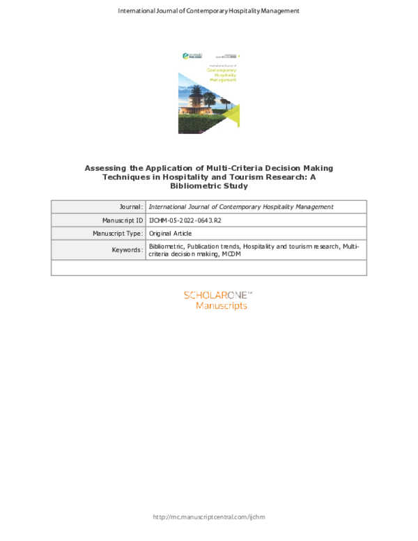 Pdf Assessing The Application Of Multi Criteria Decision Making Techniques In Hospitality And