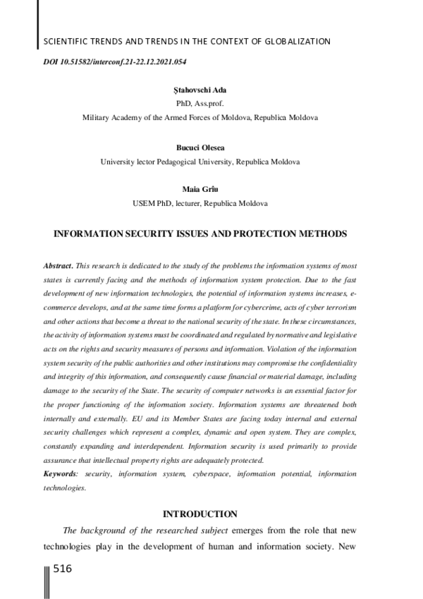 (PDF) Information Security Issues and Protection Methods