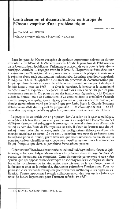 (PDF) Centralisation et décentralisation en Europe de l'Ouest : esquisse d'une problématique