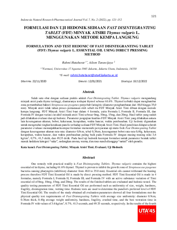 (PDF) FORMULASI DAN UJI HEDONIK SEDIAAN FAST DISINTEGRANTING TABLET (FDT) MINYAK ATSIRI Thymus ...