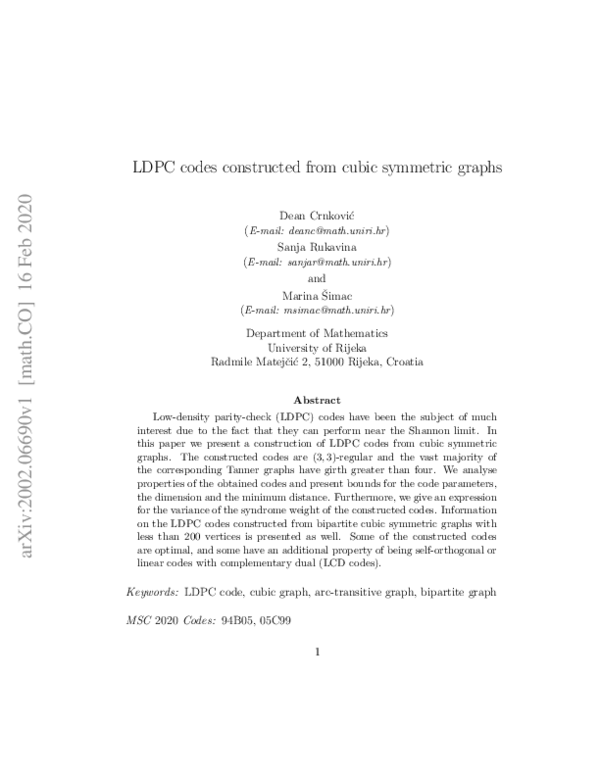 (PDF) LDPC codes constructed from cubic symmetric graphs