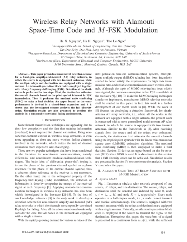 (PDF) Wireless relay networks with Alamouti space-time code and M-FSK modulation