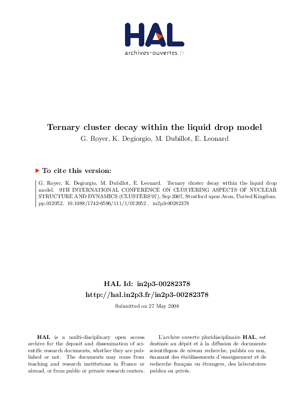 (PDF) Ternary cluster decay within the liquid drop model