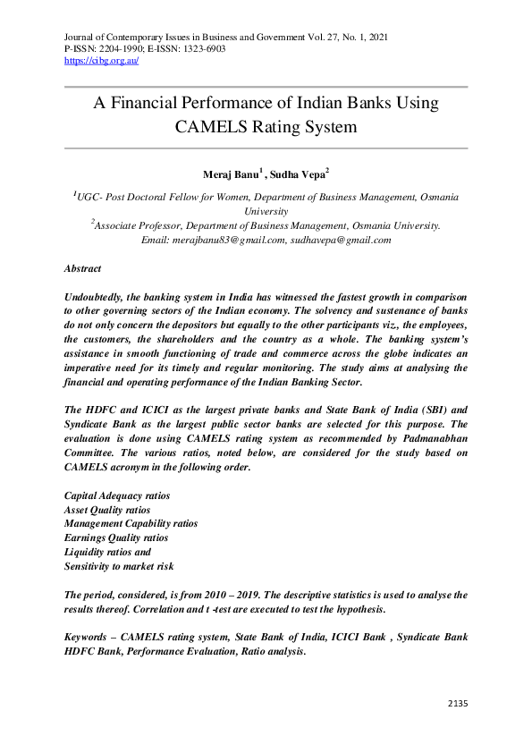 (PDF) A Financial Performance of Indian Banks Using CAMELS Rating System