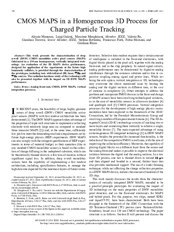 (PDF) CMOS MAPS in a Homogeneous 3D Process for Charged Particle Tracking