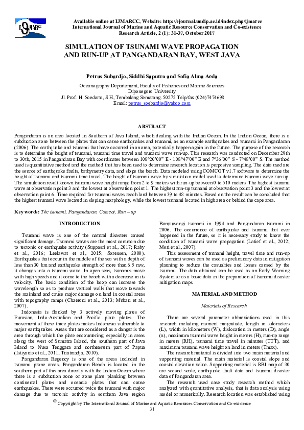 (PDF) Simulation of Tsunami Wave Propagation and Run-Up at Pangandaran Bay, West Java