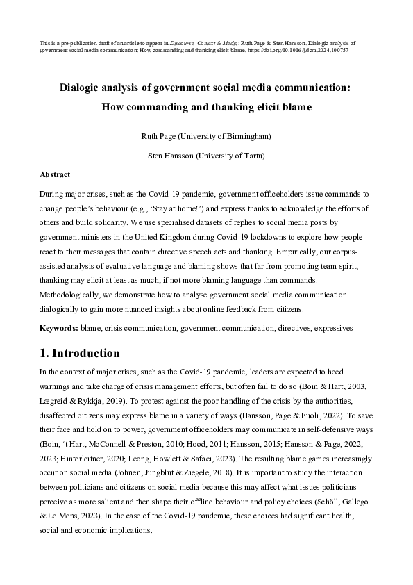 (PDF) Dialogic analysis of government social media communication: How commanding and thanking ...