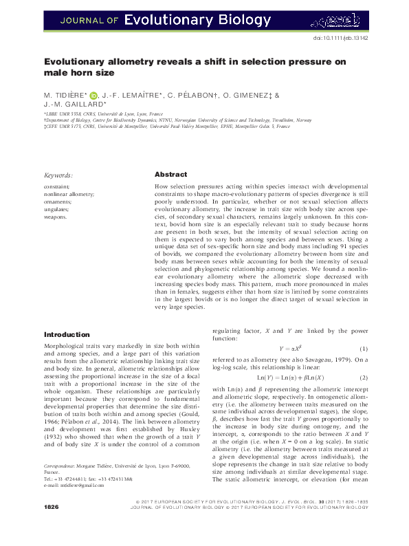 (PDF) Evolutionary allometry reveals a shift in selection pressure on male horn size