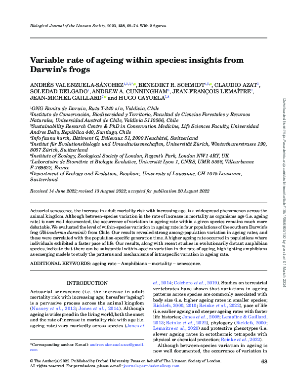 (PDF) Variable rate of ageing within species: insights from Darwin’s frogs