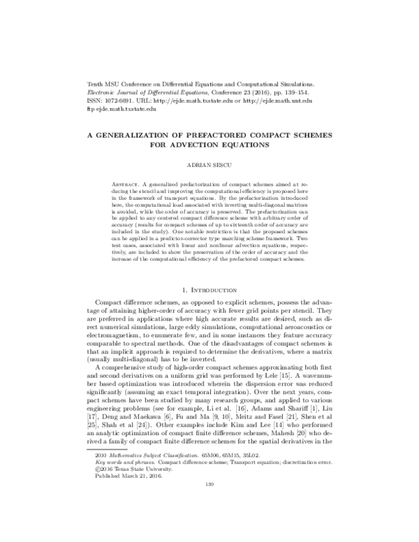 (PDF) A generalization of prefactored compact schemes for advection equations | Adrian Sescu ...
