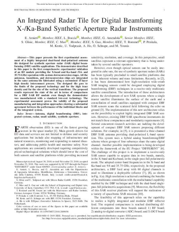 (PDF) An Integrated Radar Tile for Digital Beamforming X-/Ka-Band Synthetic Aperture Radar ...