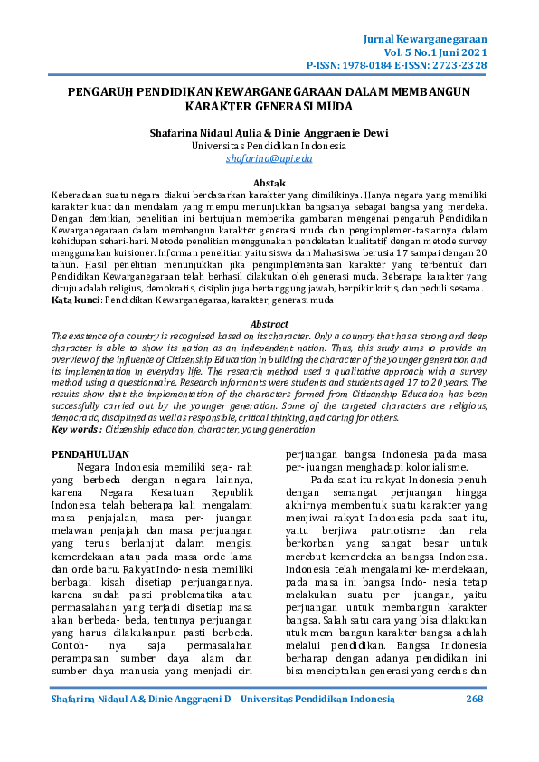 (PDF) Pengaruh Pendidikan Kewarganegaraan Dalam Membangun Karakter Generasi Muda