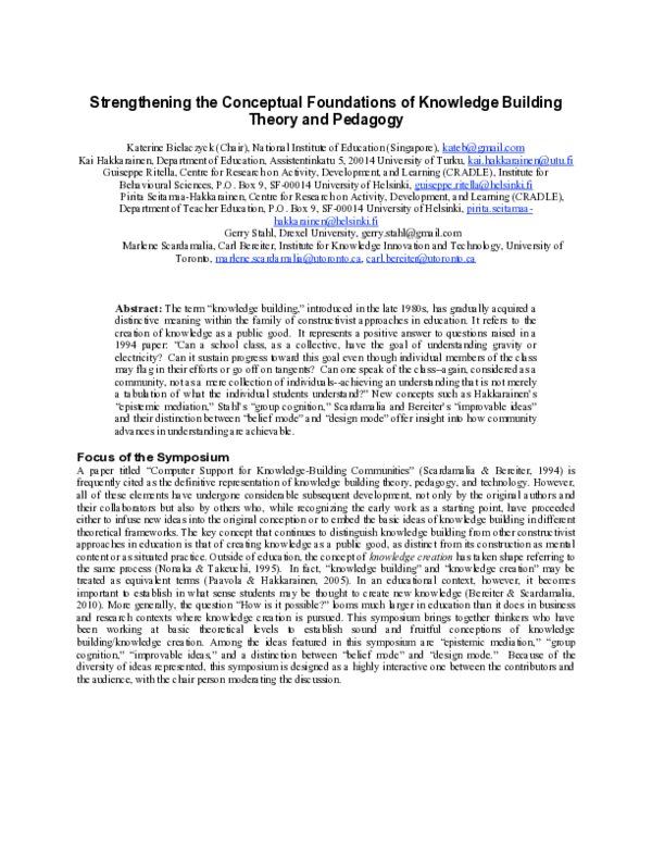 (PDF) Strengthening the Conceptual Foundations of Knowledge Building ...