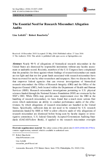 (PDF) The Essential Need for Research Misconduct Allegation Audits