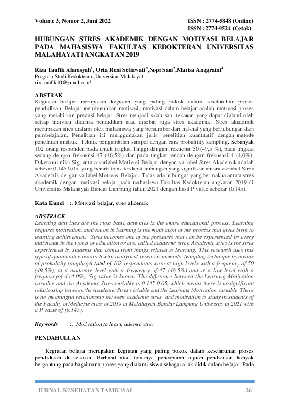 (PDF) Hubungan Stres Akademik Dengan Motivasi Belajar Pada Mahasiswa Fakultas Kedokteran ...
