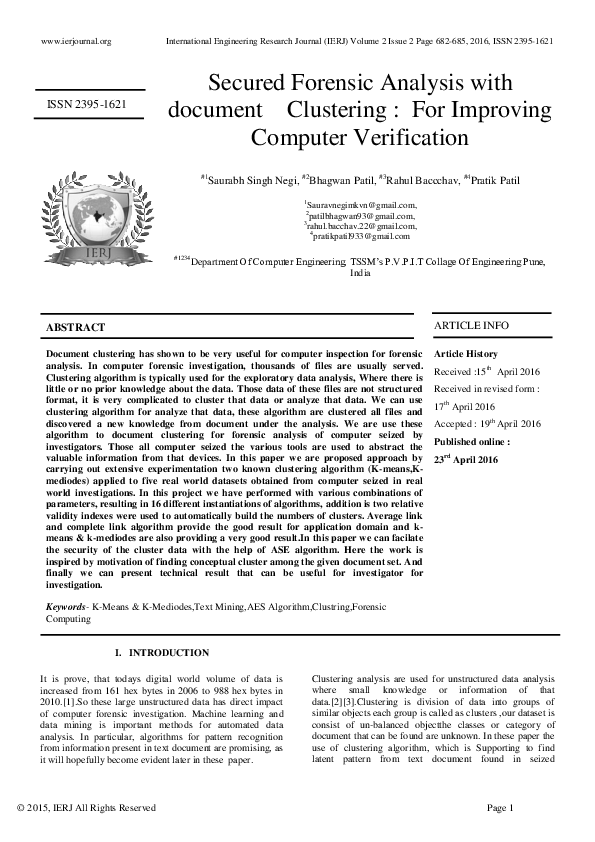 (PDF) Secured Forensic Analysis with document Clustering : For Improving Computer Verification