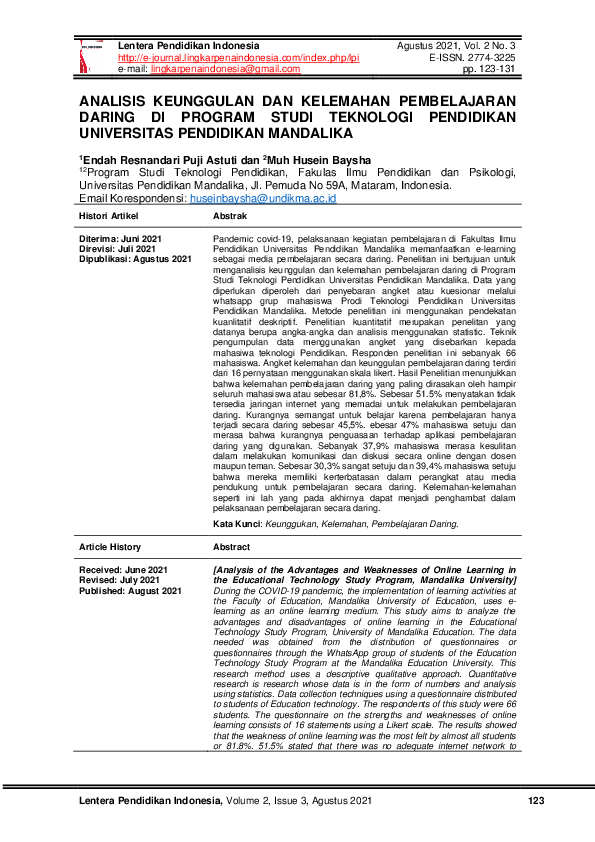 (PDF) Analisis Keunggulan Dan Kelemahan Pembelajaran Daring DI Program ...