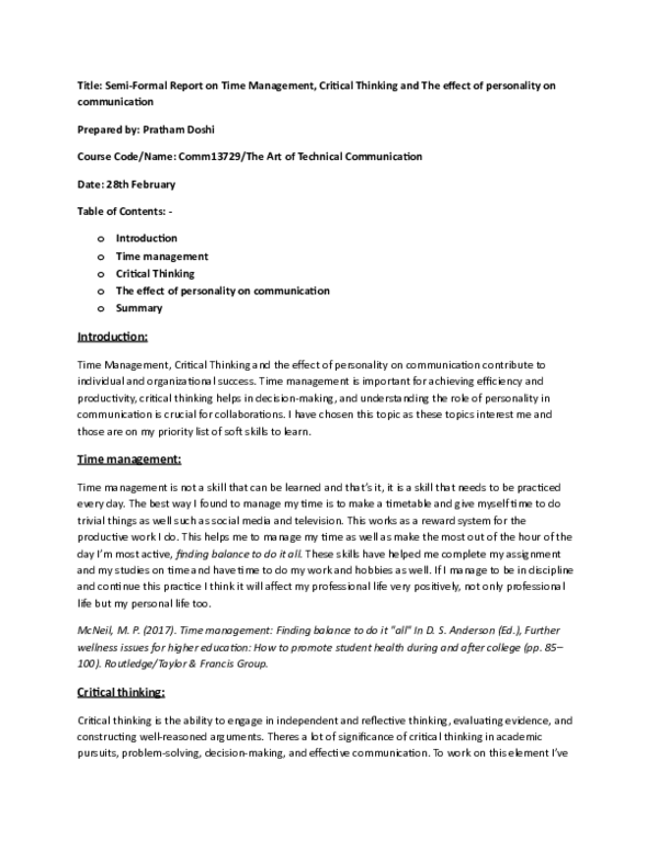 (DOC) Title: Semi-Formal Report on Time Management, Critical Thinking ...
