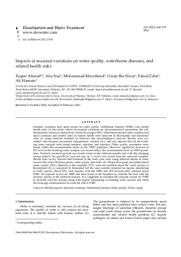 (PDF) Impacts of seasonal variations on water quality, waterborne ...