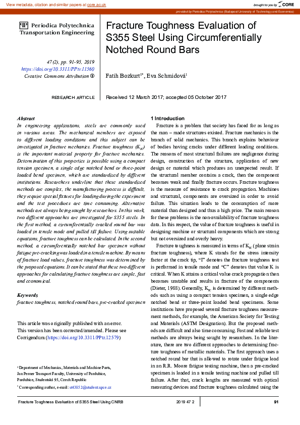 (PDF) Fracture Toughness Evaluation of S355 Steel Using Circumferentially Notched Round Bars
