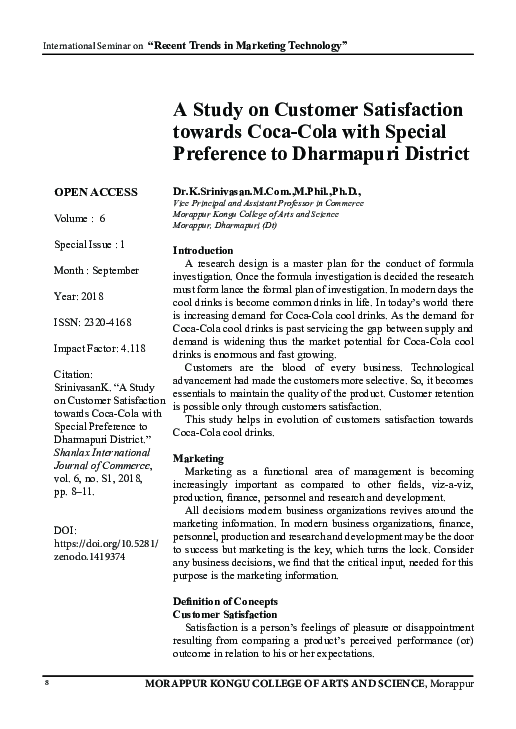 (PDF) A Study on Customer Satisfaction towards Coca-Cola with Special Preference to Dharmapuri ...