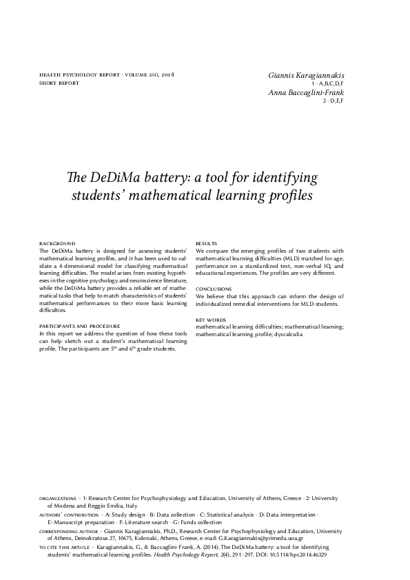 (PDF) The DeDiMa battery: a tool for identifying students’ mathematical learning profiles