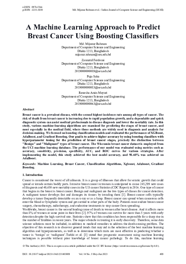 (PDF) A Machine Learning Approach to Predict Breast Cancer Using Boosting Classifiers