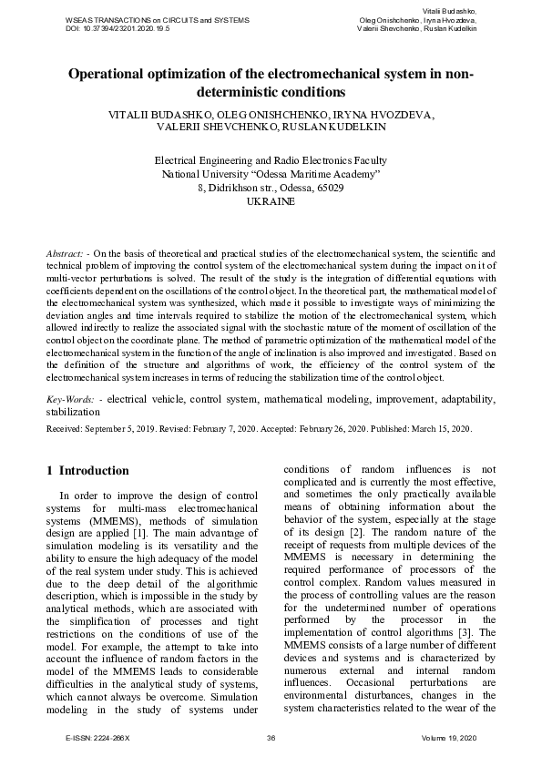 (PDF) Operational Optimization of the Electromechanical System in Non-deterministic Conditions ...