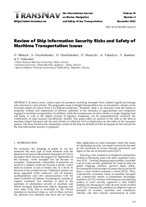 (PDF) Review of Ship Information Security Risks and Safety of Maritime ...