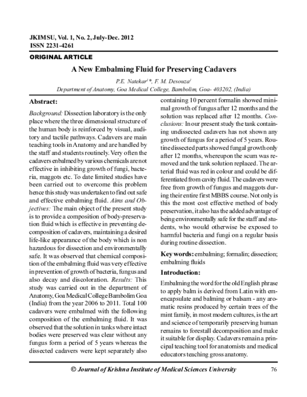 (PDF) ORIGINAL ARTICLE: A New Embalming Fluid for Preserving Cadavers