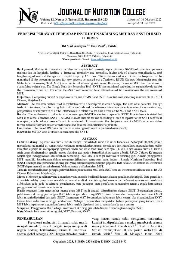 (PDF) Persepsi Perawat Terhadap Instrumen Skrining MST Dan SNST DI Rsud Cideres